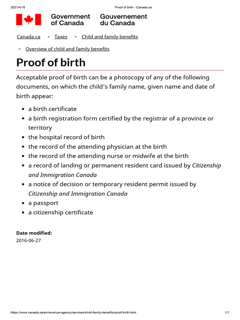 Proof of Birth - Canada - Ca | PDF