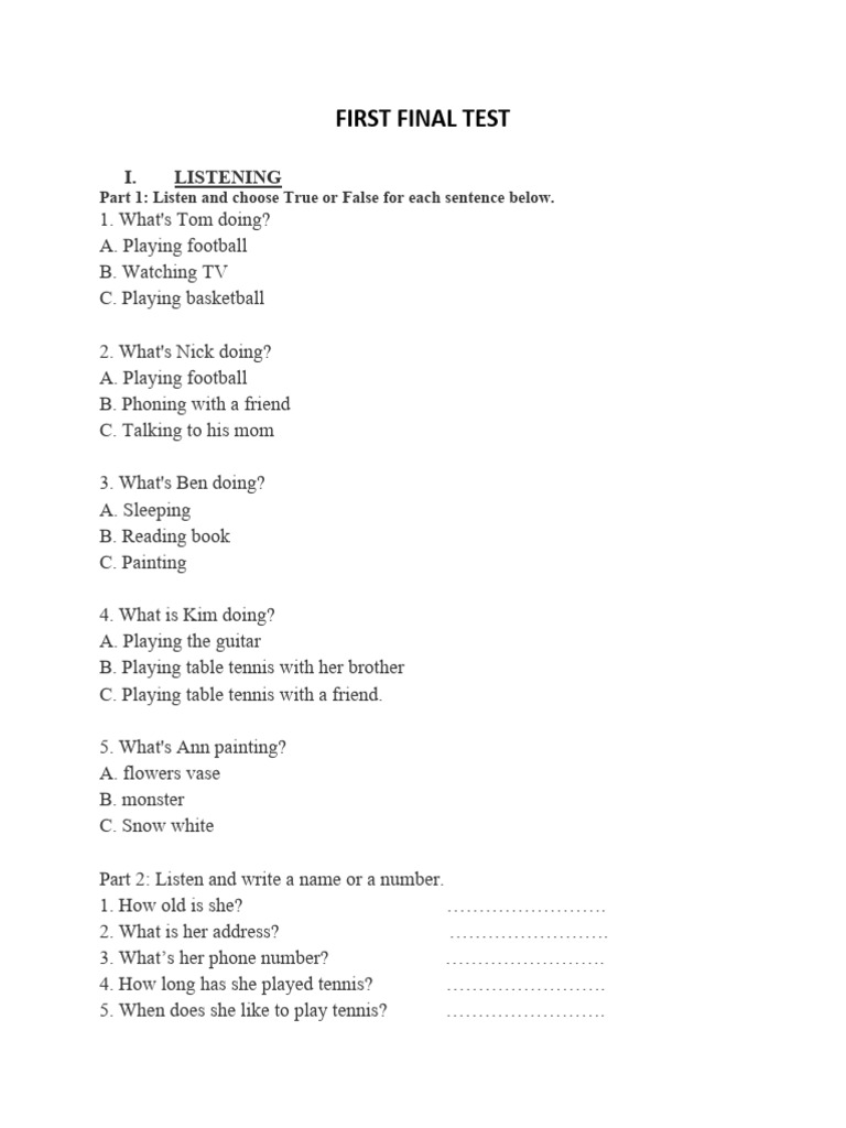First Final Test: Listening & English Skills | PDF | Language Arts ...