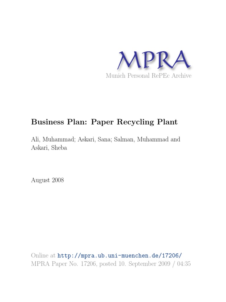 Paper Recycling Plant Business Plan | PDF | Pulp (Paper) | Recycling