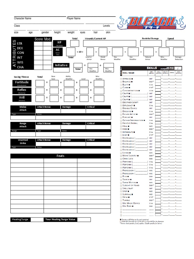 Bleach D&D Character Sheet Template | PDF