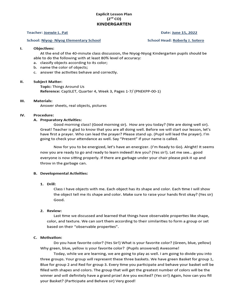 Explicit KInder Lesson Plan About Color | PDF | Color | Lesson Plan