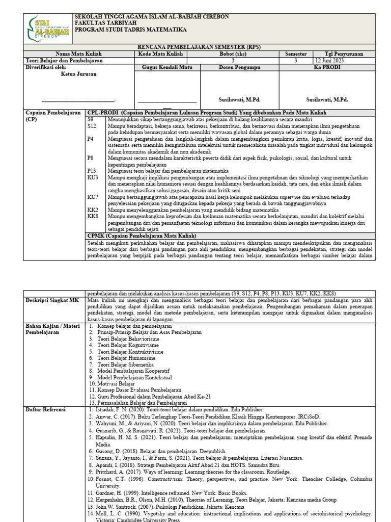 RPS Teori Belajar Dan Pembelajaran | PDF | Karier & Perkembangan ...