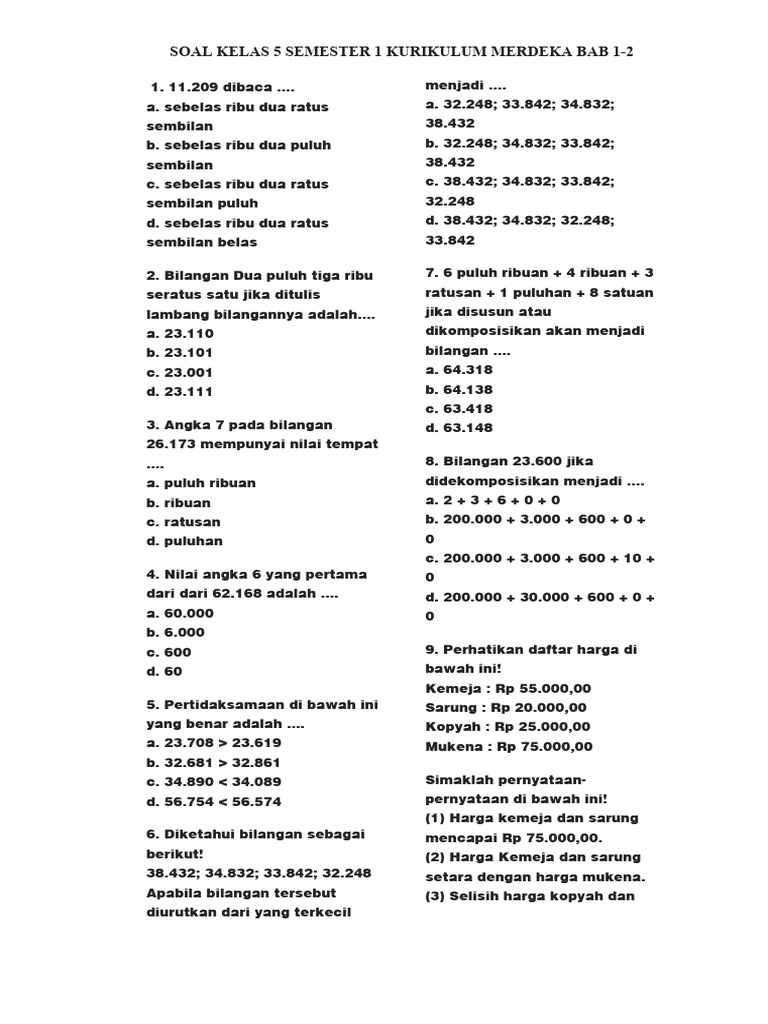 Soal Kelas 5 Semester 1 Kurikulum Merdeka Bab 1 | PDF