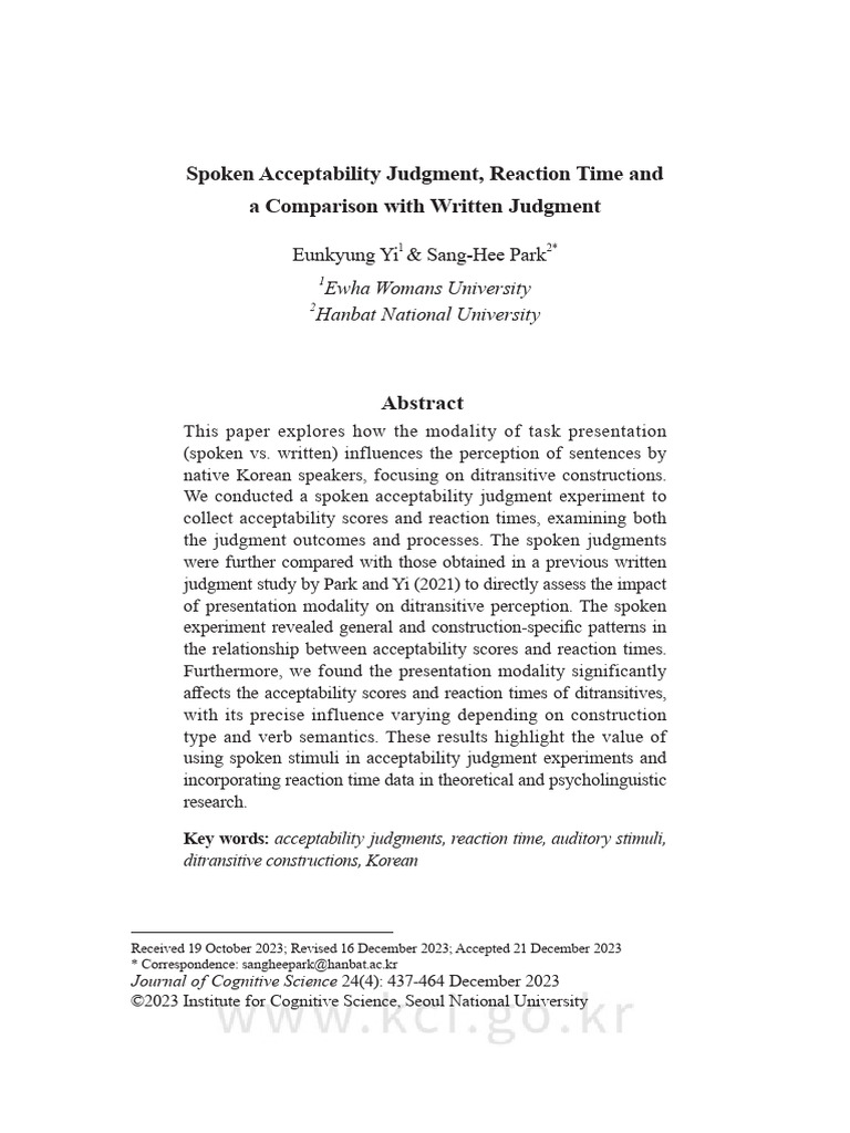 Spoken Acceptability Judgment, Reaction Time and A Comparison With Written Judgment | PDF ...