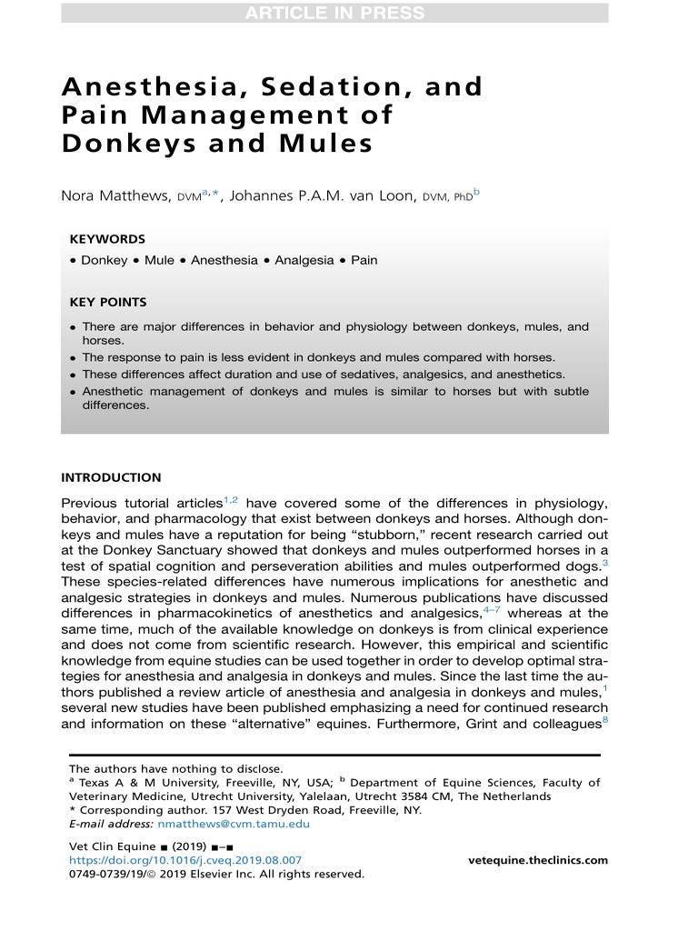 Anestesia Sedacion y Manejo Del Dolor en Mulares y Asnales | PDF ...