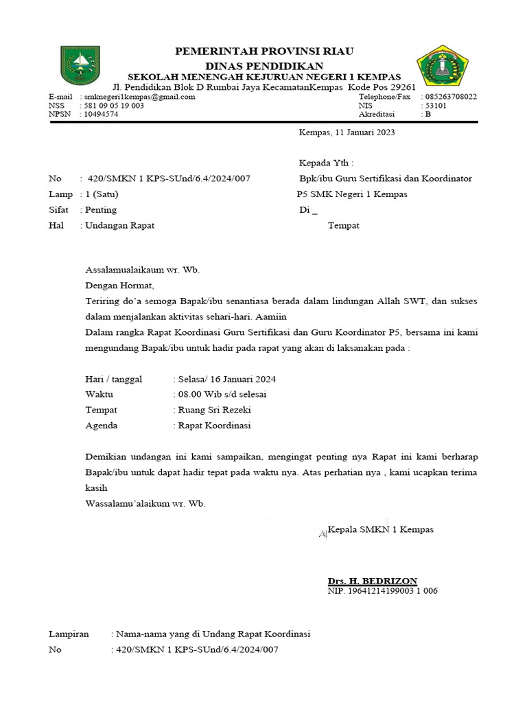 Surat Undangan Rapat Koordinasi Guru Sertifikasi Dan P5 Pdf