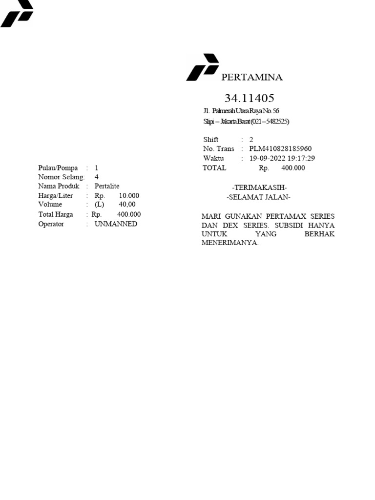 Struk Pembelian Bensin Pertamina | PDF