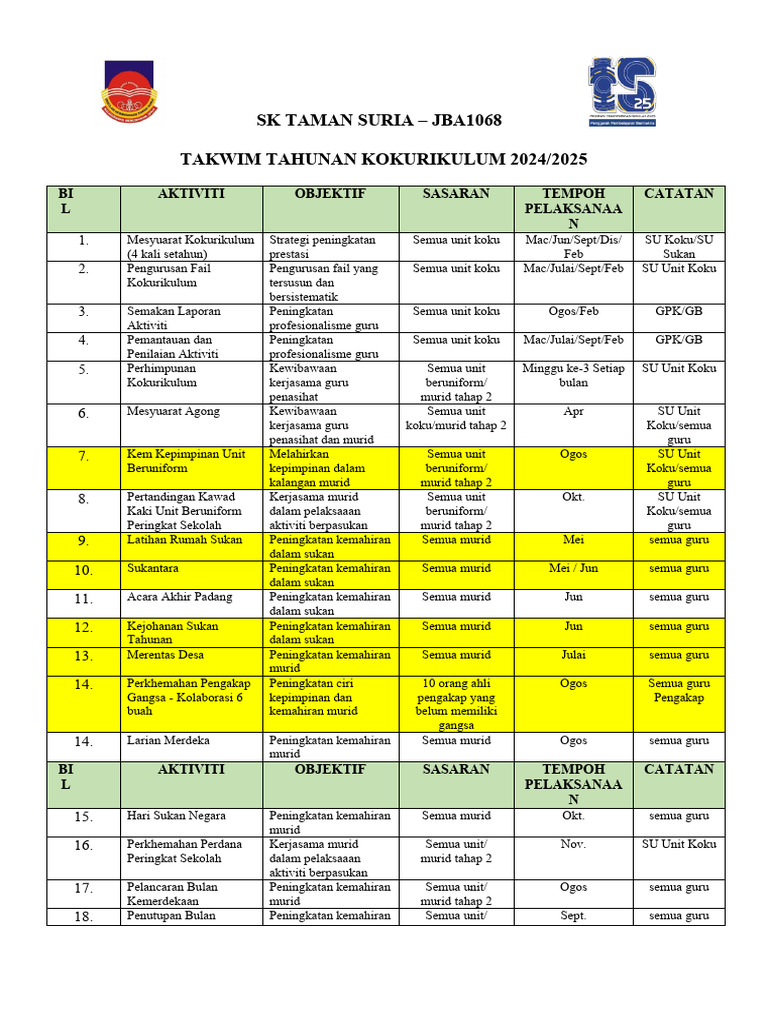 Takwim Tahunan Kokurikulum 2023 2024 | PDF