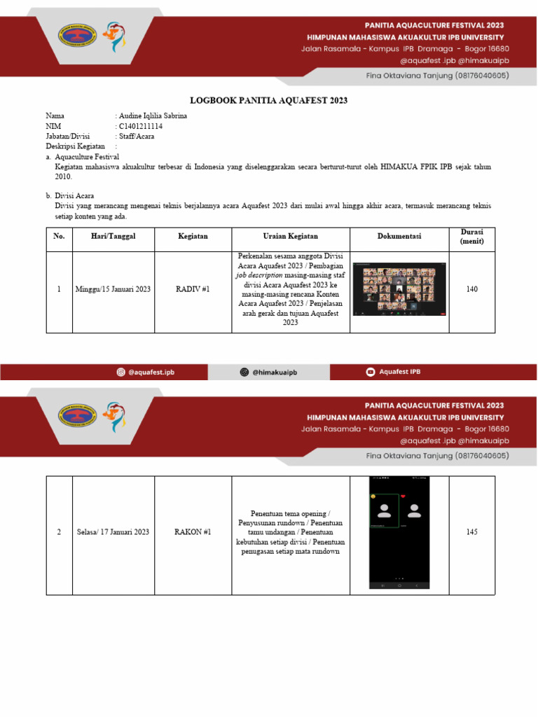 Logbook Aquafest 2023 - Divisi Acara | PDF