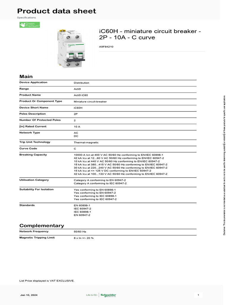 Schneider Electric_Acti9-iC60_A9F84210 | PDF | Computer Engineering | Electrical Components