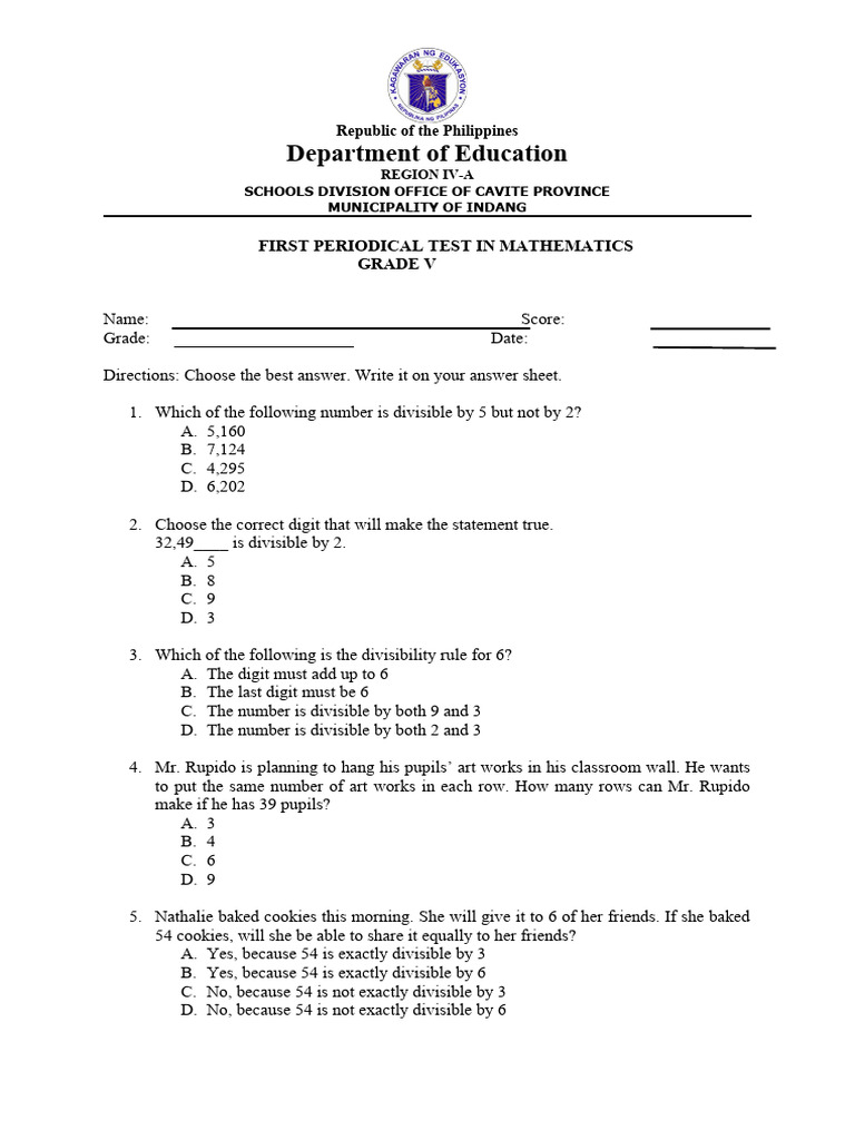 Math 5 First Periodical Test | PDF | Division (Mathematics) | Arithmetic