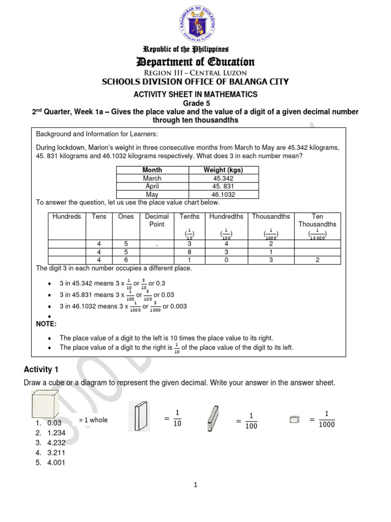 Grade 5 Math: Decimals & Place Value | PDF | Numbers | Decimal