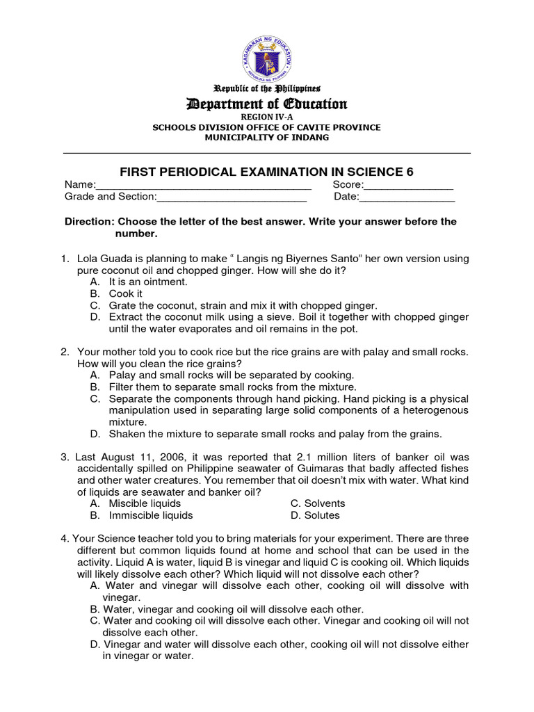 Science 6 First Quarter Test | PDF | Mixture | Filtration