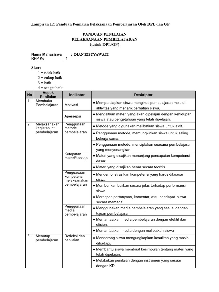 Lampiran 12 - Contoh Panduan Penilaian Pelaksanaan Pembelajaran Oleh DPL Dan GP | PDF