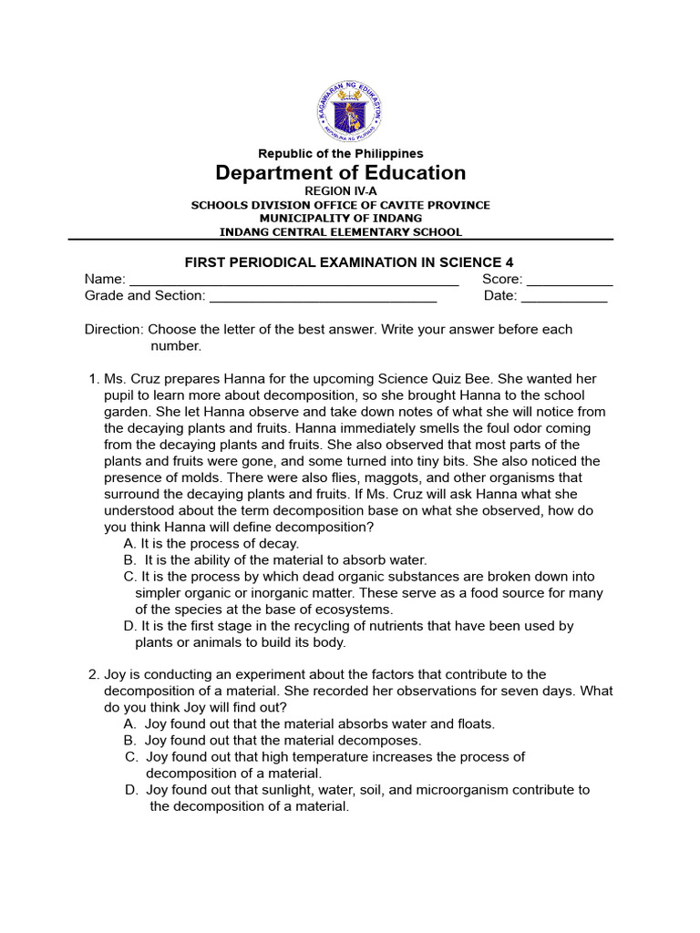 Science 4 First Quarter Test | PDF | Decomposition | Waste