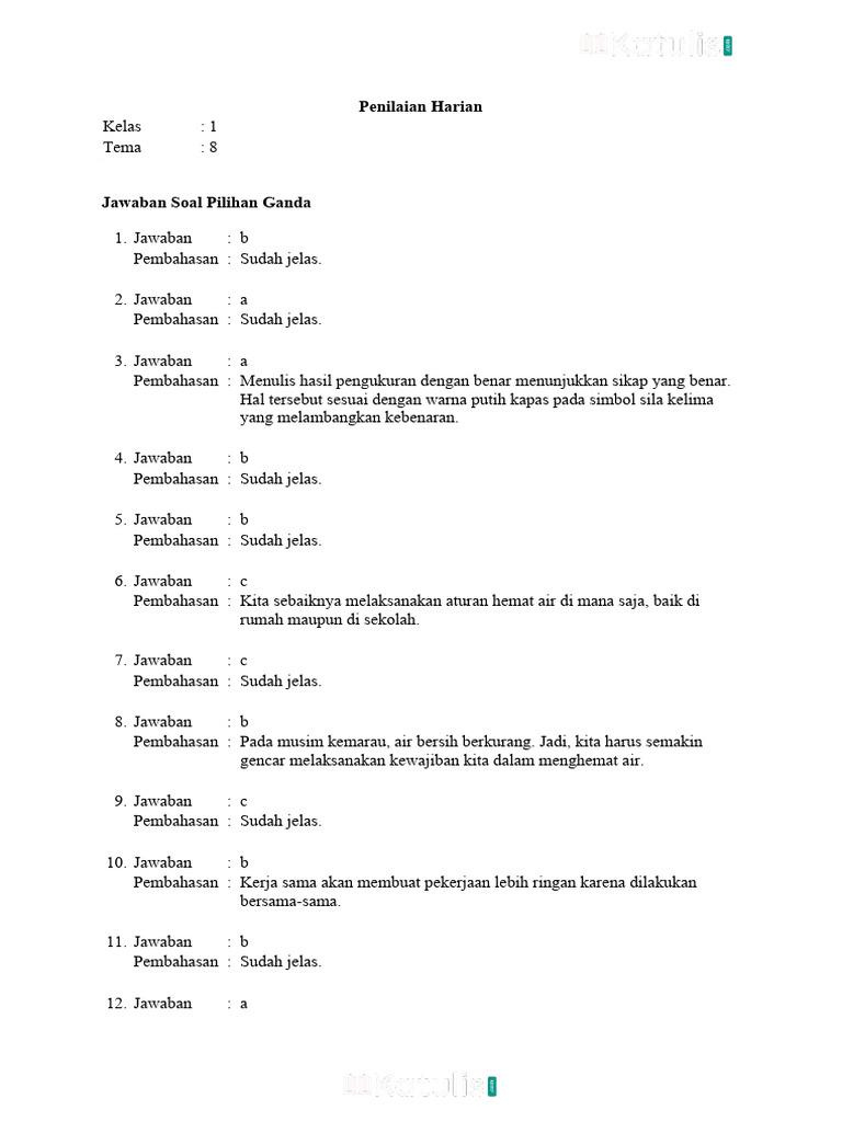 Kunci Jawaban Soal PH Kelas 1 Tema 8 | PDF | Seni