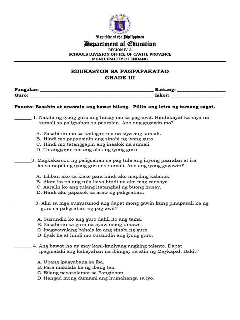 ESP 3 - Unang Markahang Pagsusulit | PDF