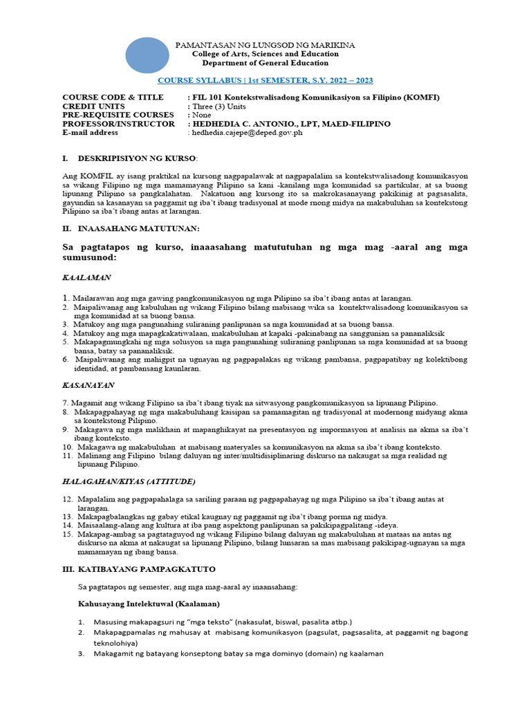 Silabus NG Kurso Ged 152 Kontekswalisasyon NG Wikang Filipino | PDF