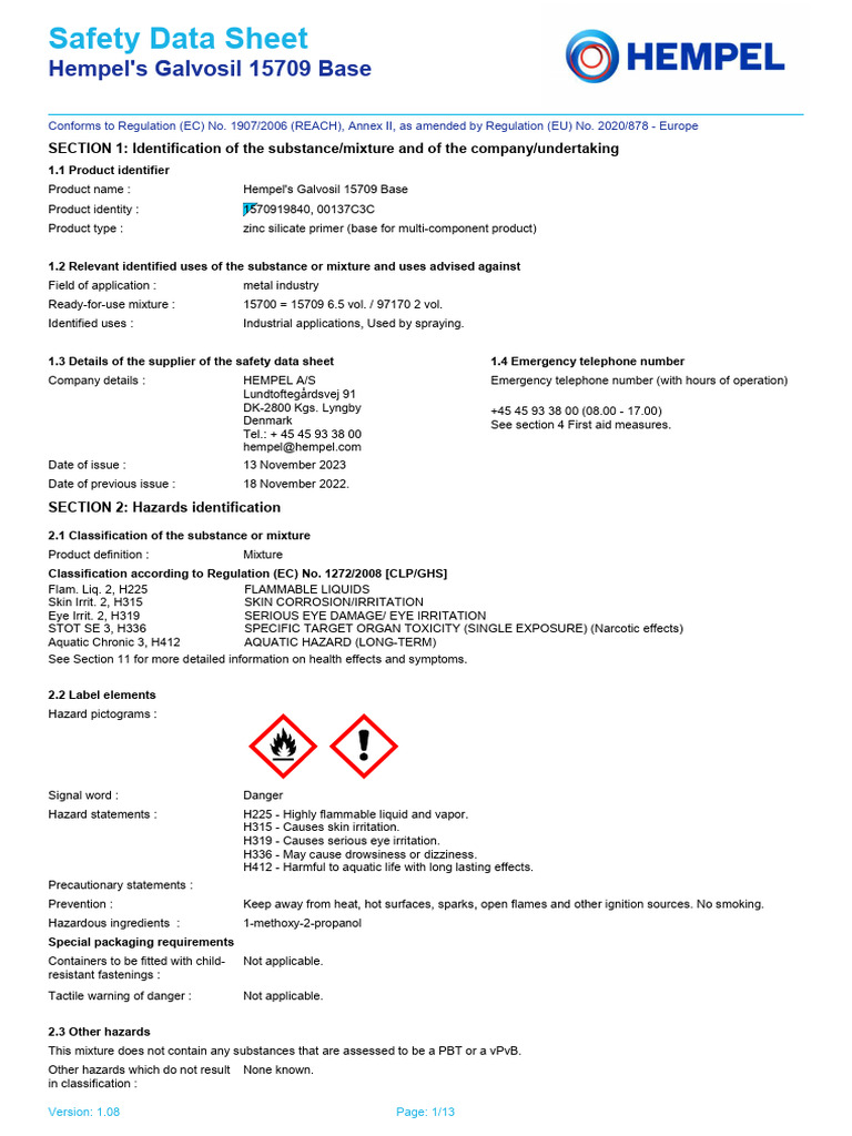 Hempel's Galvosil | PDF | Personal Protective Equipment | Chemistry