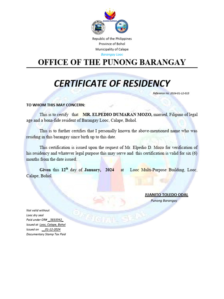 Barangay Certificate of Residency Sample | PDF