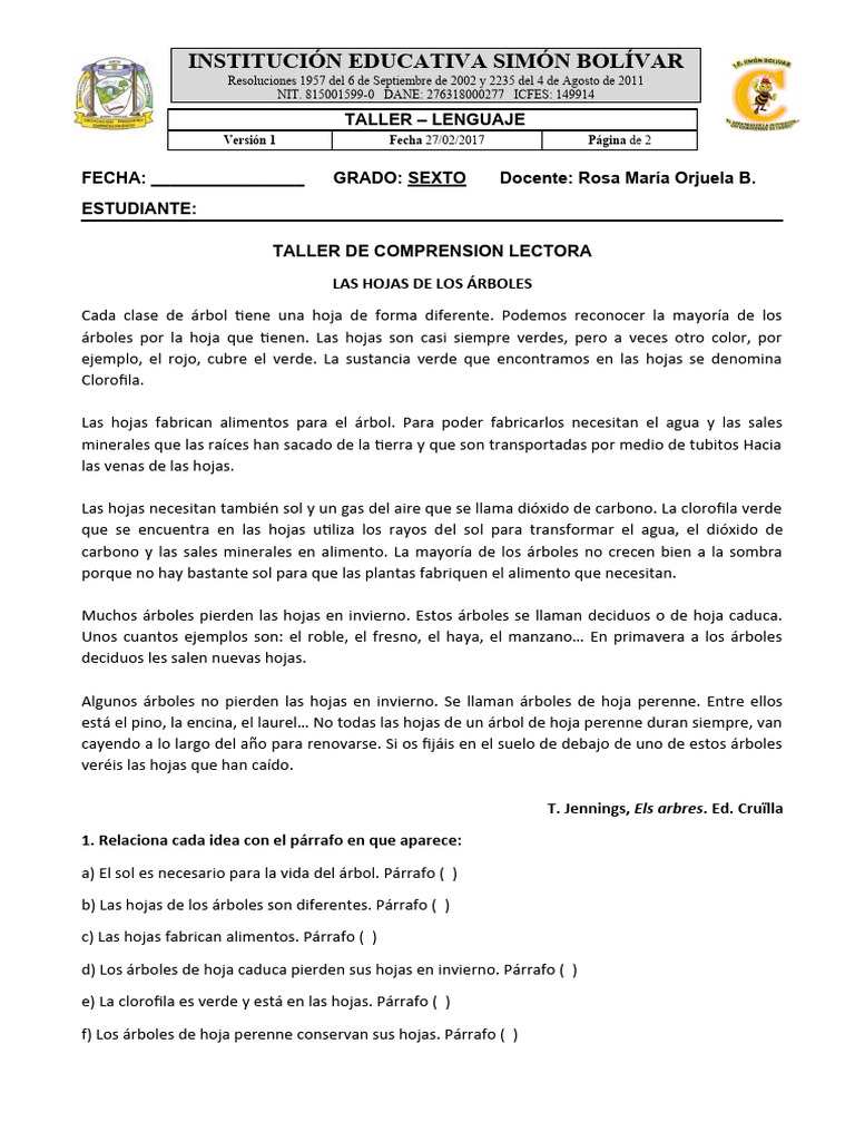 Taller de Comprension de Lectura 6º | PDF | Hoja | Arboles