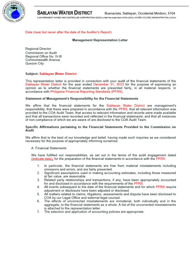 Management Representation Letter | PDF