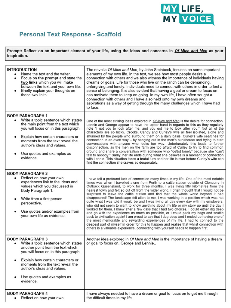 Annotated Personal Text Response Scaffold | PDF