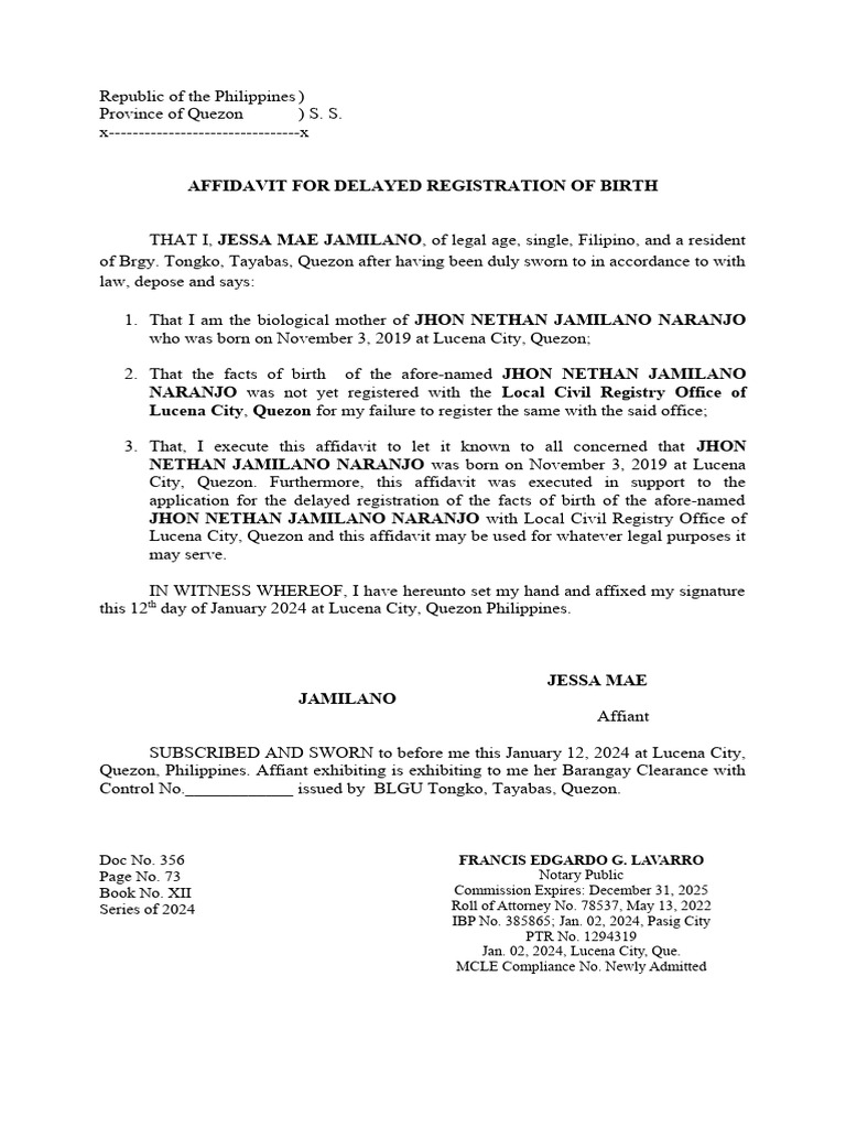 Delayed Reg of Birth | PDF | Affidavit | Civil Law (Common Law)