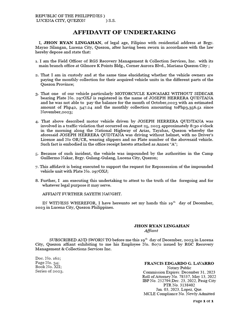 Affidavit of Undertaking To Release Impounded Vehicle | PDF | Affidavit ...