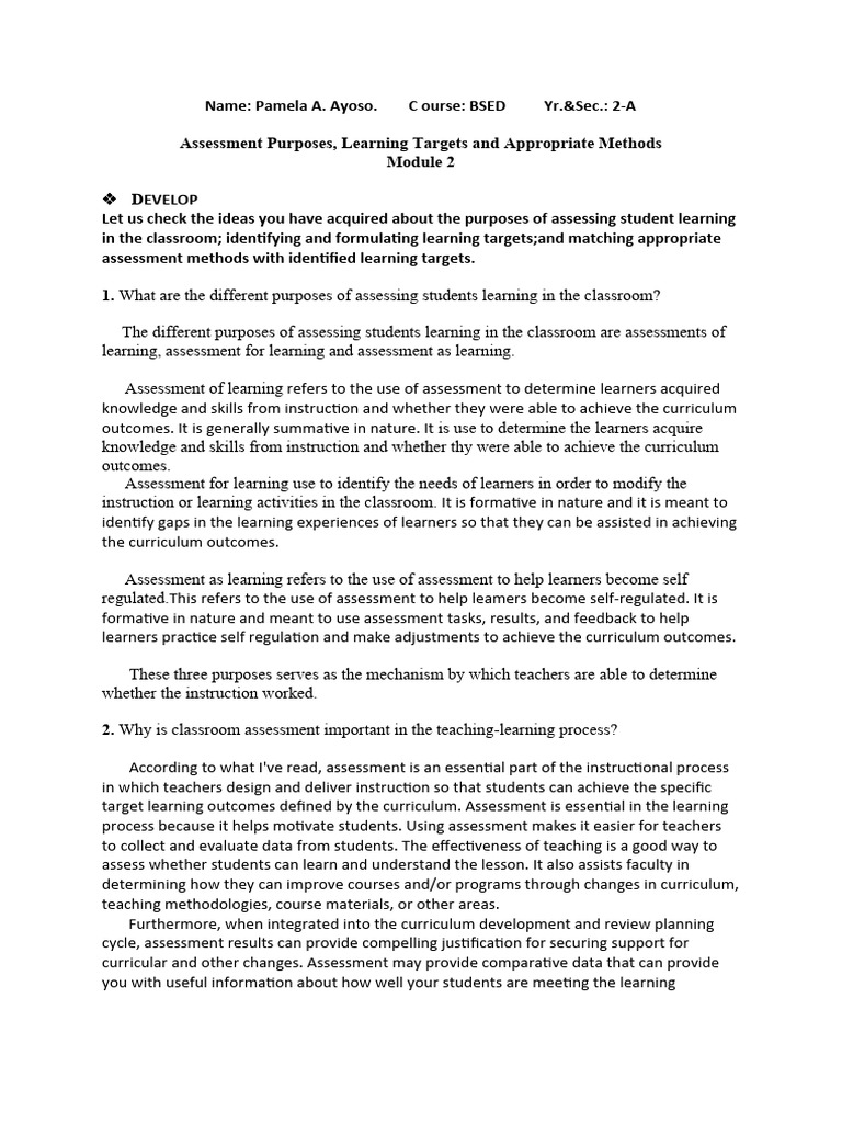 Assessment in Learning - Ayoso, Pamela A.docs | PDF | Educational Assessment | Learning