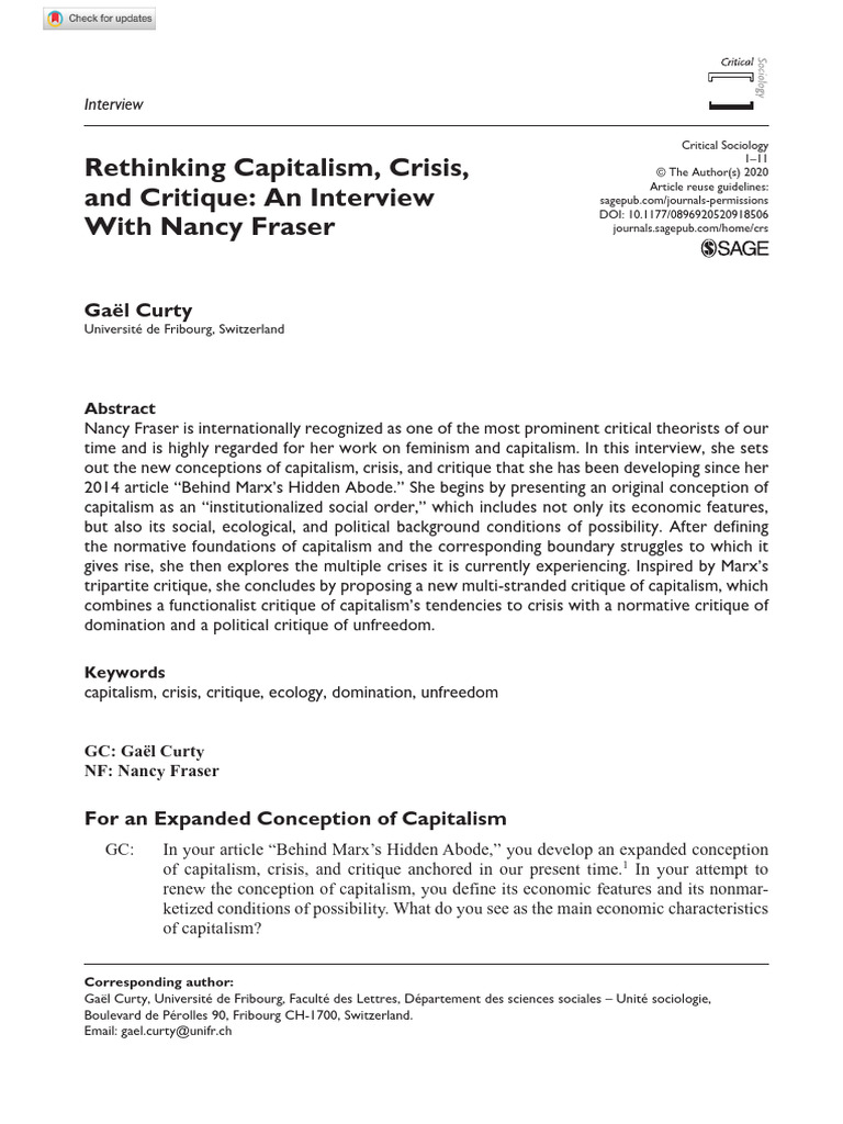 Fraser _2020_ Rethinking Capitalism, Crisis, and Critique | PDF
