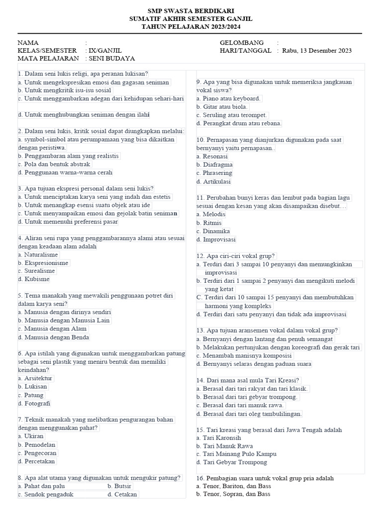 Soal SBK Kls X | PDF | Seni | Puisi