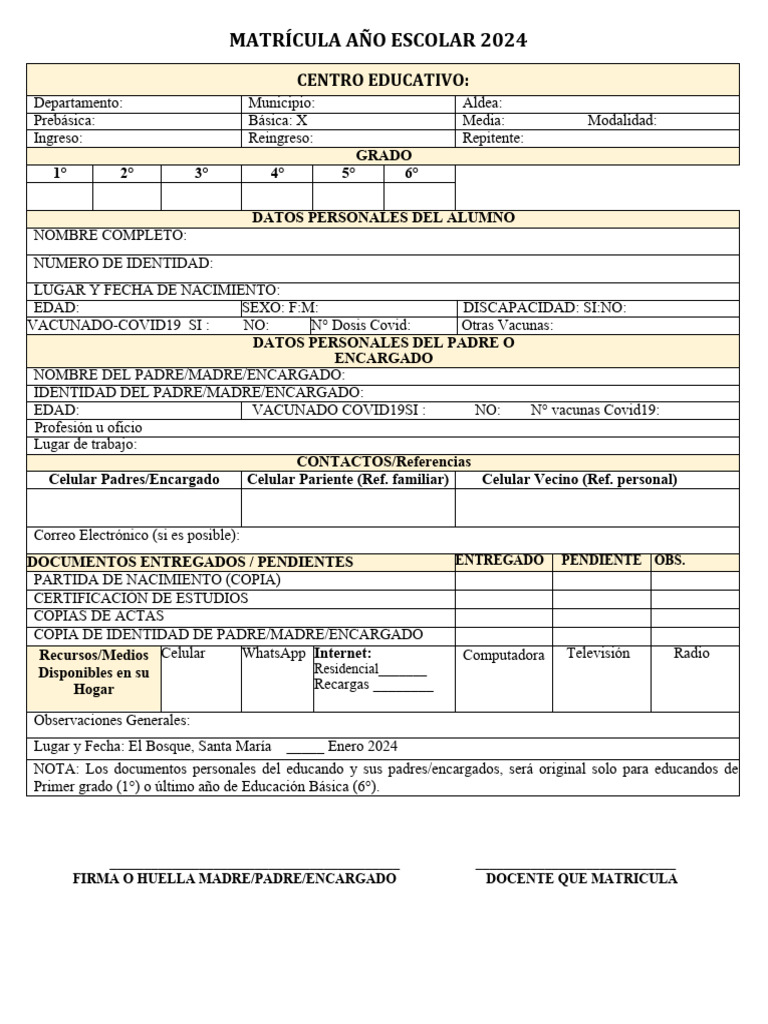 Formulario de Matrícula Escolar 2024 | PDF