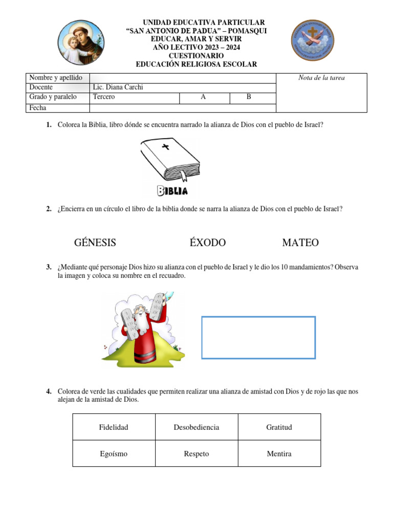 Cuestionario 3a b | PDF | Diez Mandamientos | Creencia religiosa y doctrina