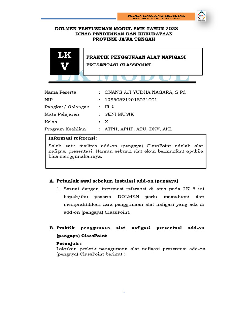 LK 5 Alat Presentasi Classpoint (Onang) | PDF | Bisnis | Teknologi & Rekayasa