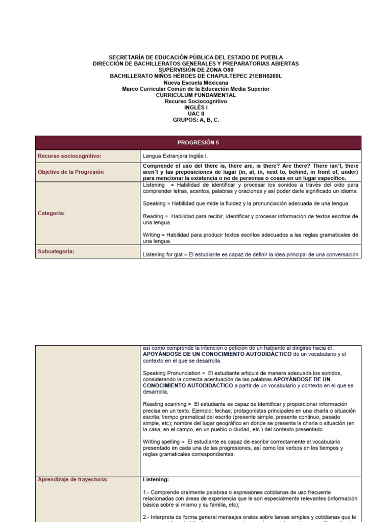 English 1st. Progression 9 - 11 | PDF | Evaluación | Léxico