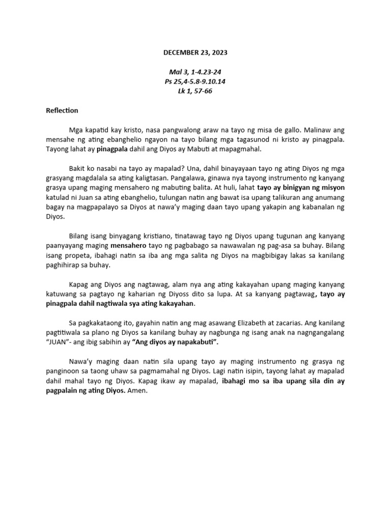 DECEMBER 23,24,25 2023 Reflection | PDF