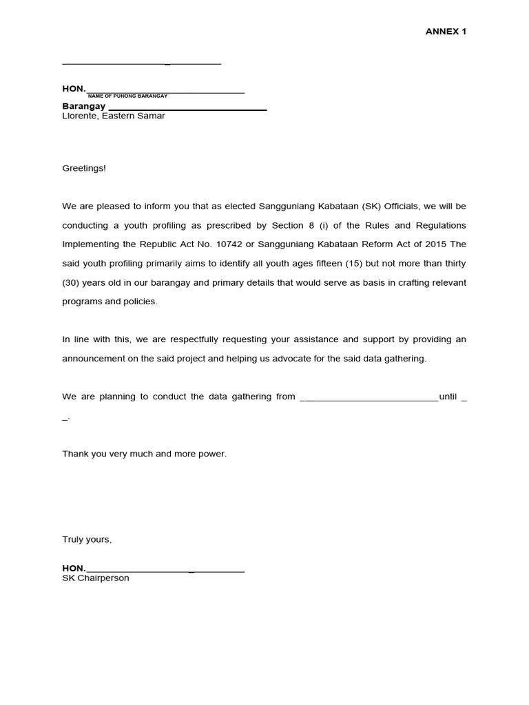 Annex 1 - Letter to Punong Barangay | PDF