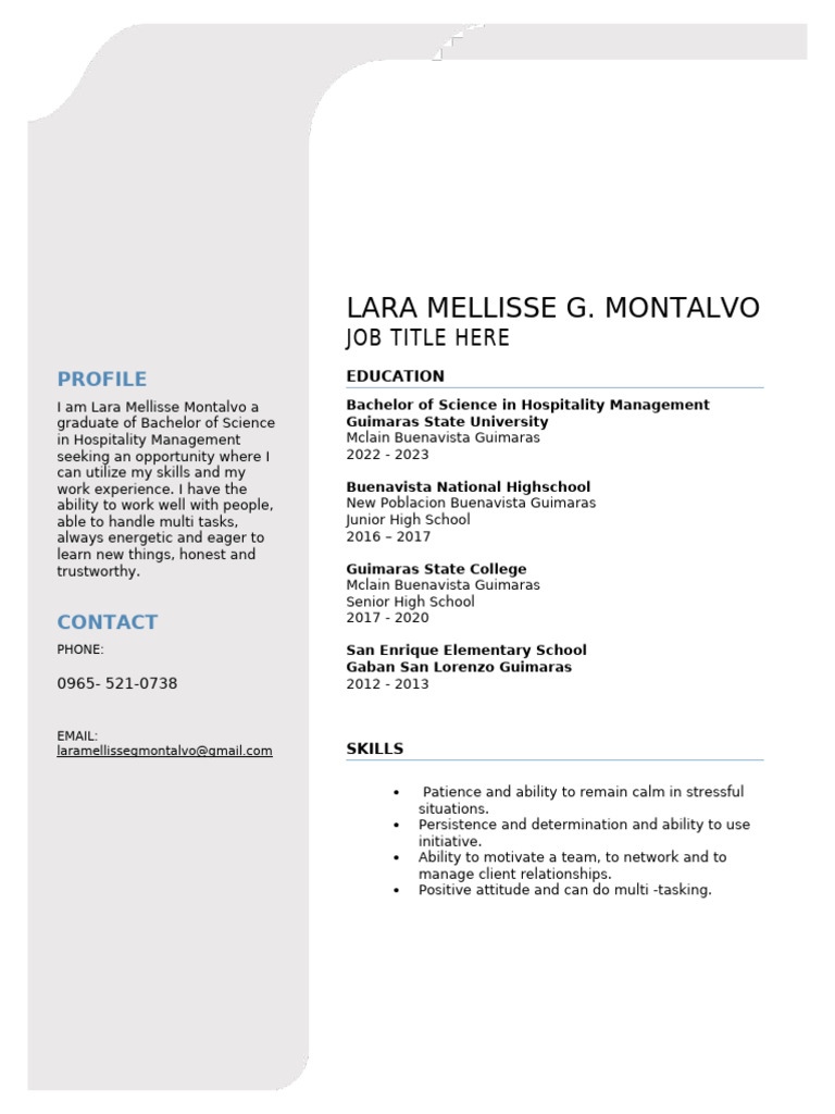 Hospitality Management Graduate Resume | PDF