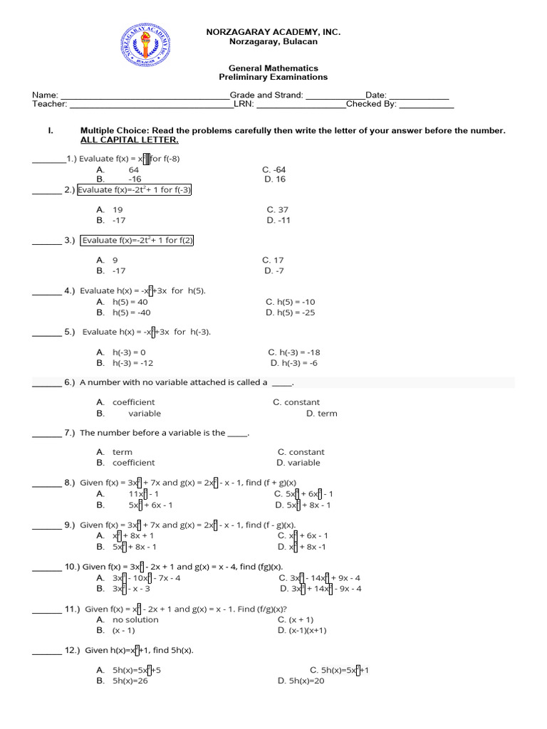 1ST General-Mathematics-Preliminary-Examination-1st | PDF