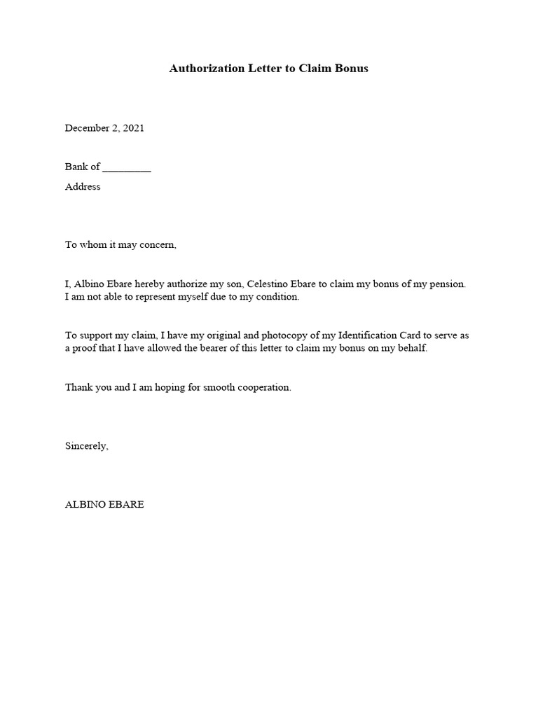 Authorization Letter to Claim Bonus | PDF