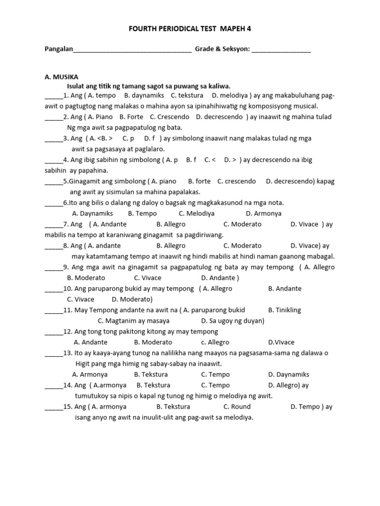 PT - Mapeh 4 - Q4 | PDF