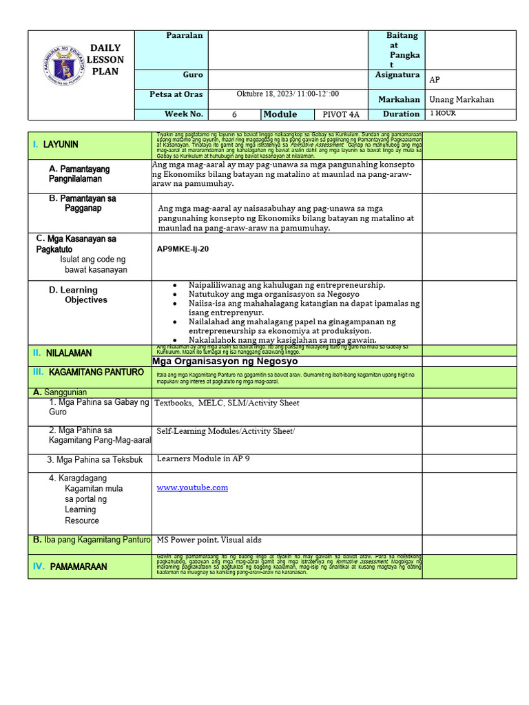 Mga Organisasyon NG Negosyo - Lesson Plan | PDF