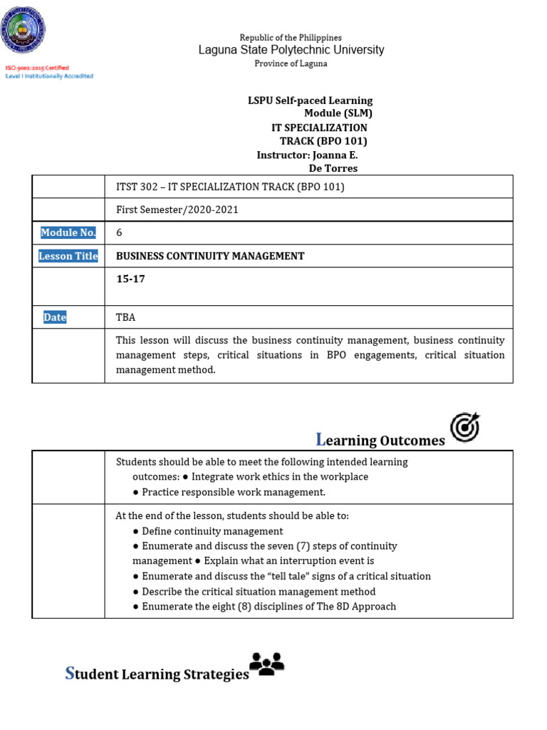 Bpo101 Module6 Lspu Self Paced Learning Module | PDF | Risk | Outsourcing