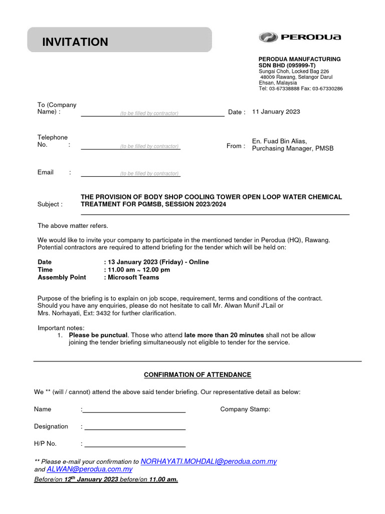 Body Shop Tender Briefing Invitation Form | PDF