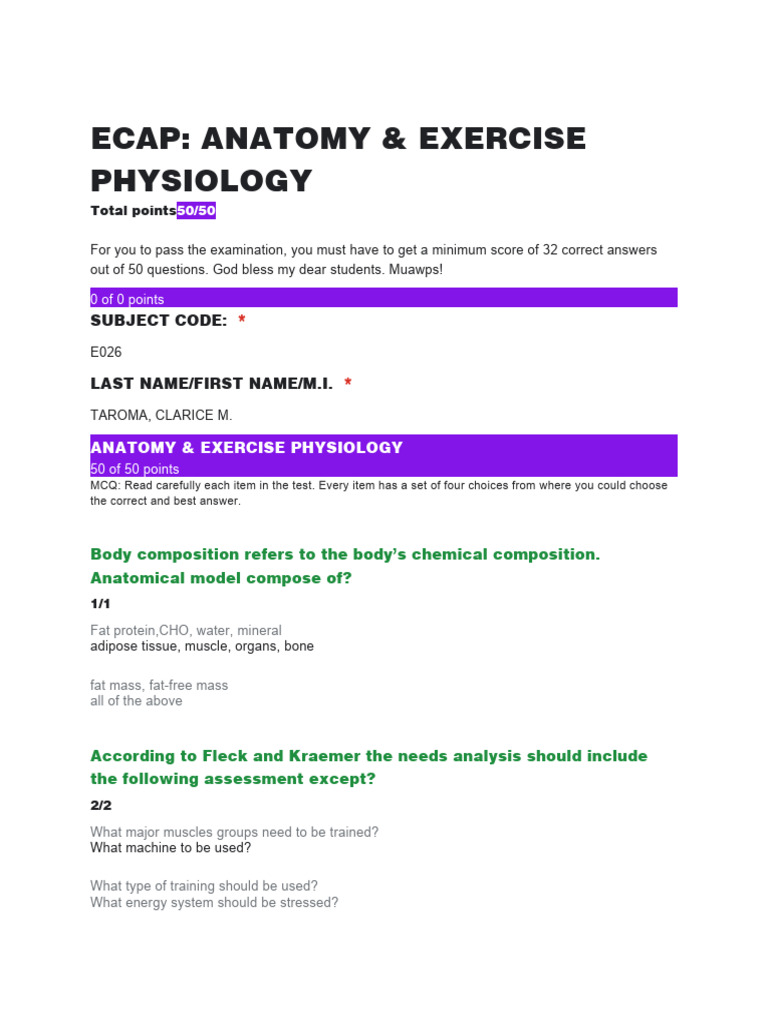 Anatomy and Exercise Physiology Post Test | PDF