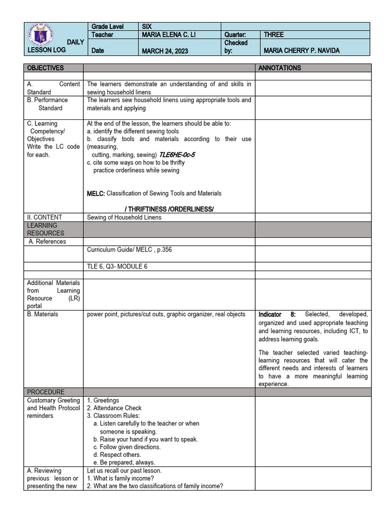 Cot 1-Daily-Lesson-Plan - Tle 6 Sy2022-'23 | Download Free PDF | Sewing ...