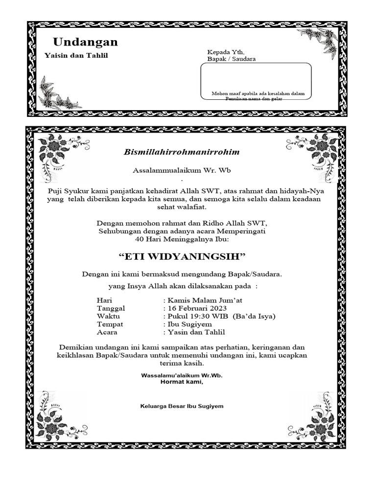 Undangan Yasin Tahlil | PDF