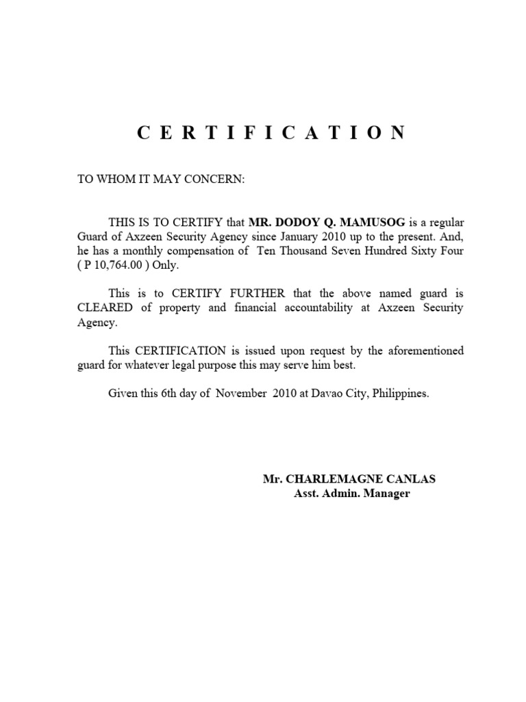 Certificate of Employment | PDF | Security Guard | Employment