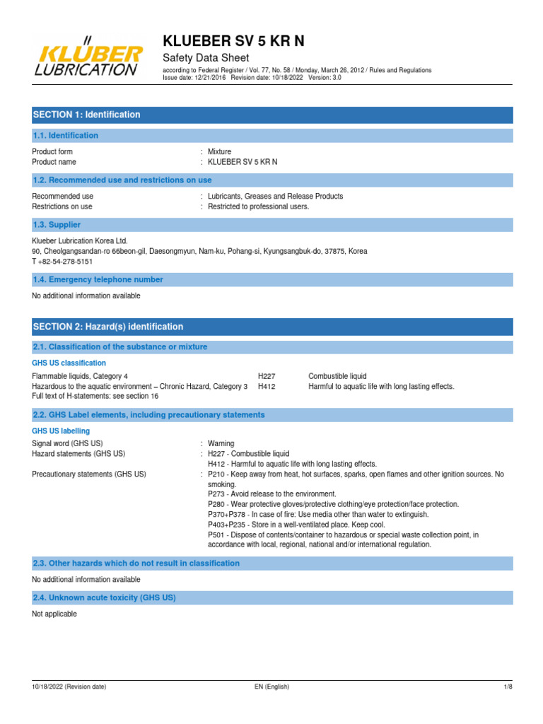KLUEBER SV 5 KR N Safety Data Sheet | PDF | Toxicity | Chemistry